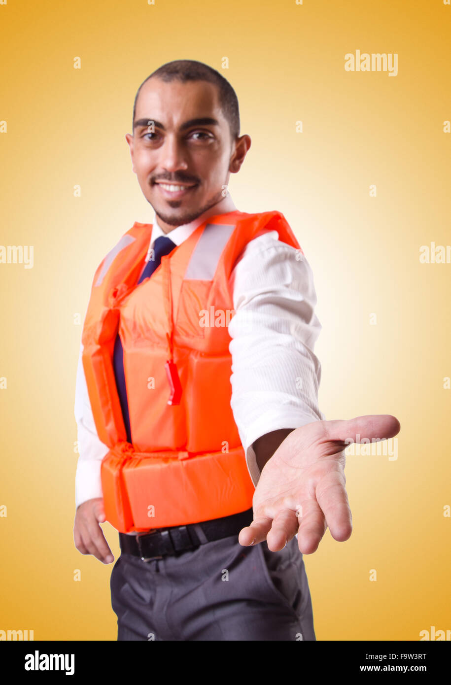 Man in life jacket isolated on white Stock Photo - Alamy