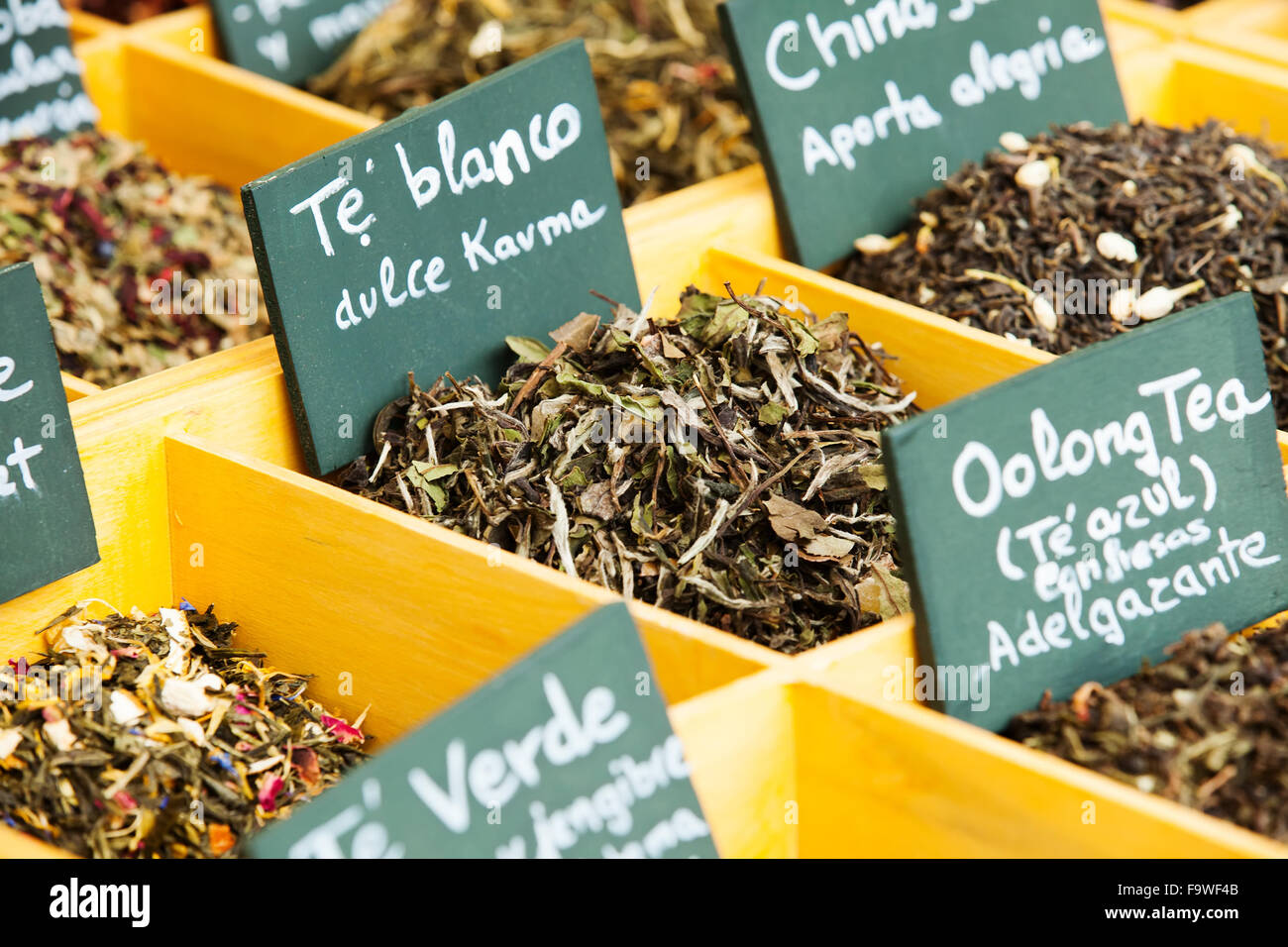 herbs and tea at counter in spanish market Stock Photo - Alamy