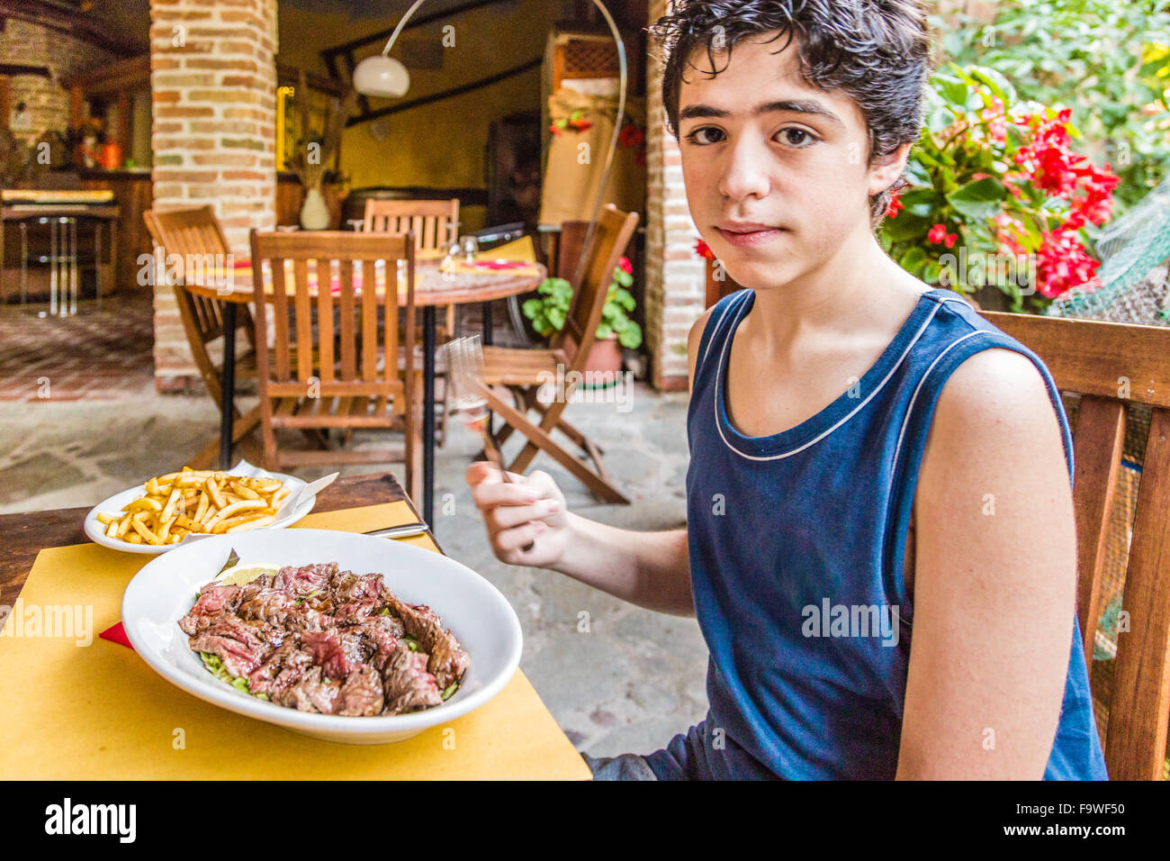 cut meat and chips for a caucasian teenager, puzzled in an outdoor ...