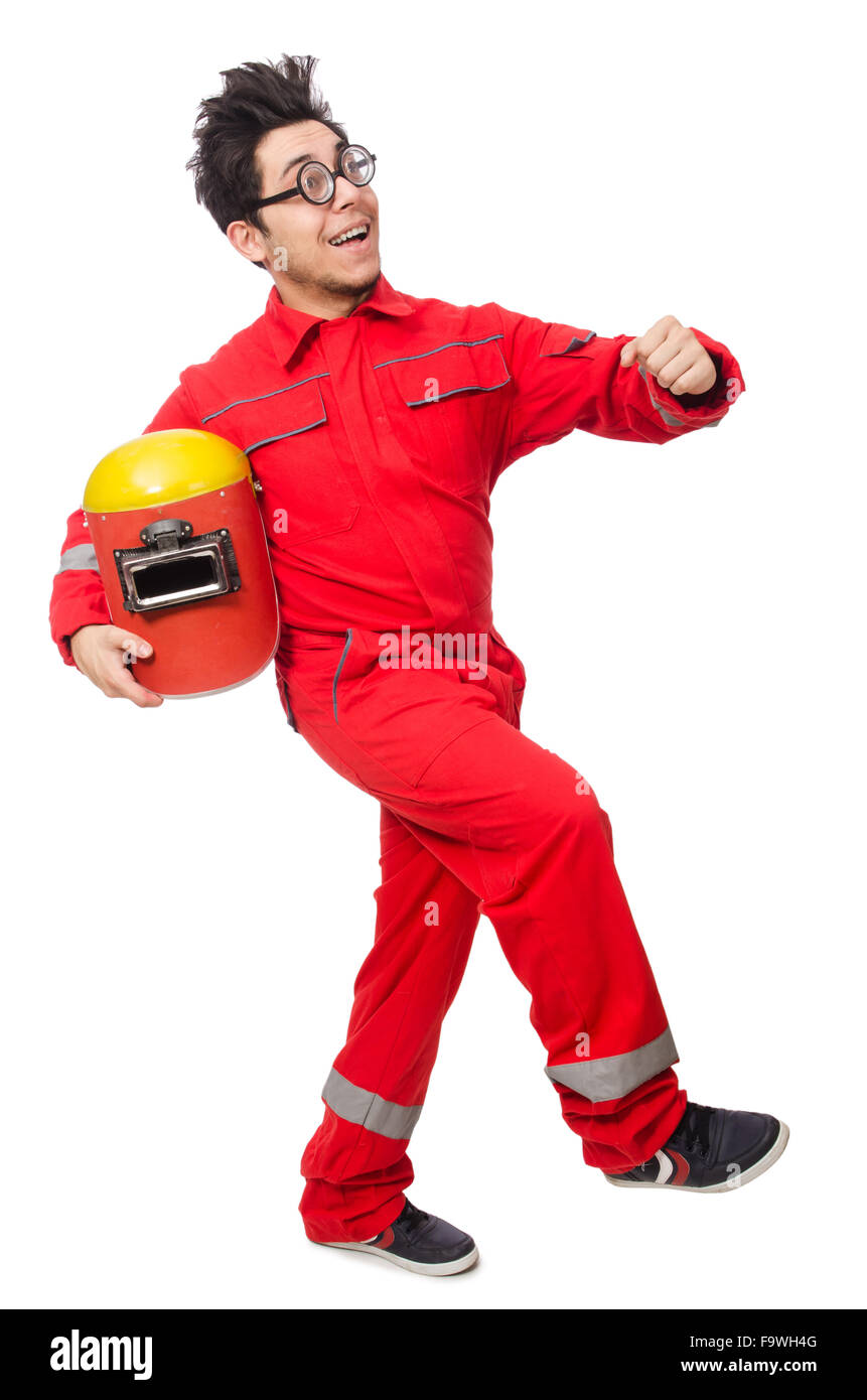 Funny welder isolated on white Stock Photo - Alamy