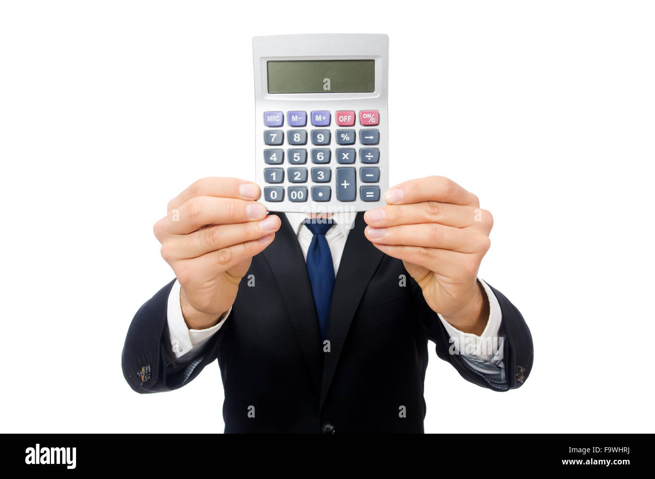 Man with calculator isolated on white Stock Photo - Alamy