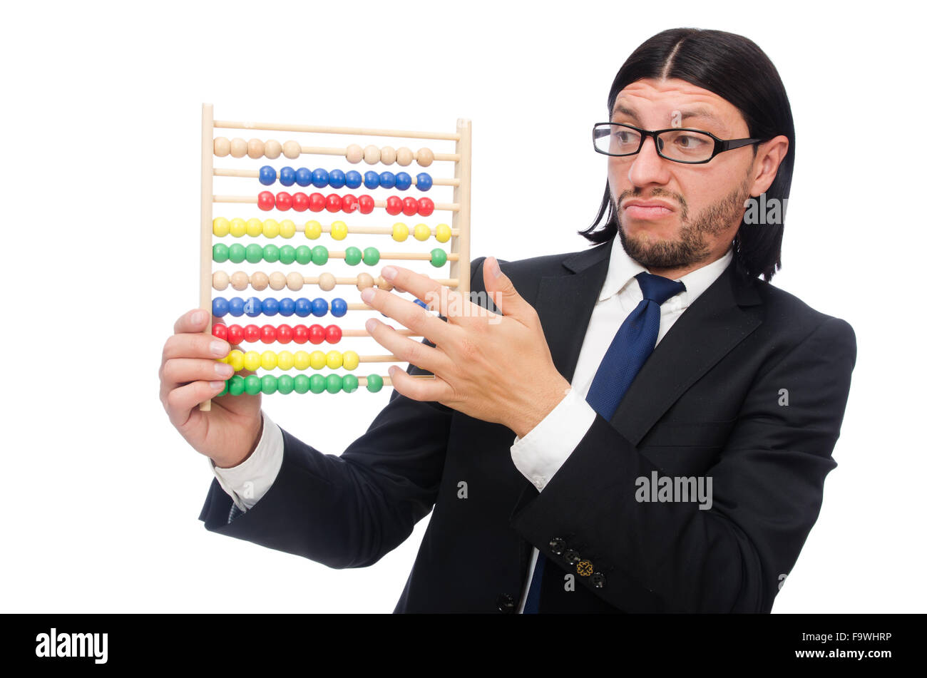Funny man with calculator and abacus Stock Photo - Alamy