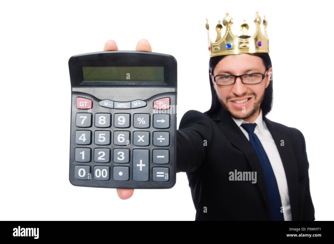 Funny man with calculator and abacus Stock Photo - Alamy
