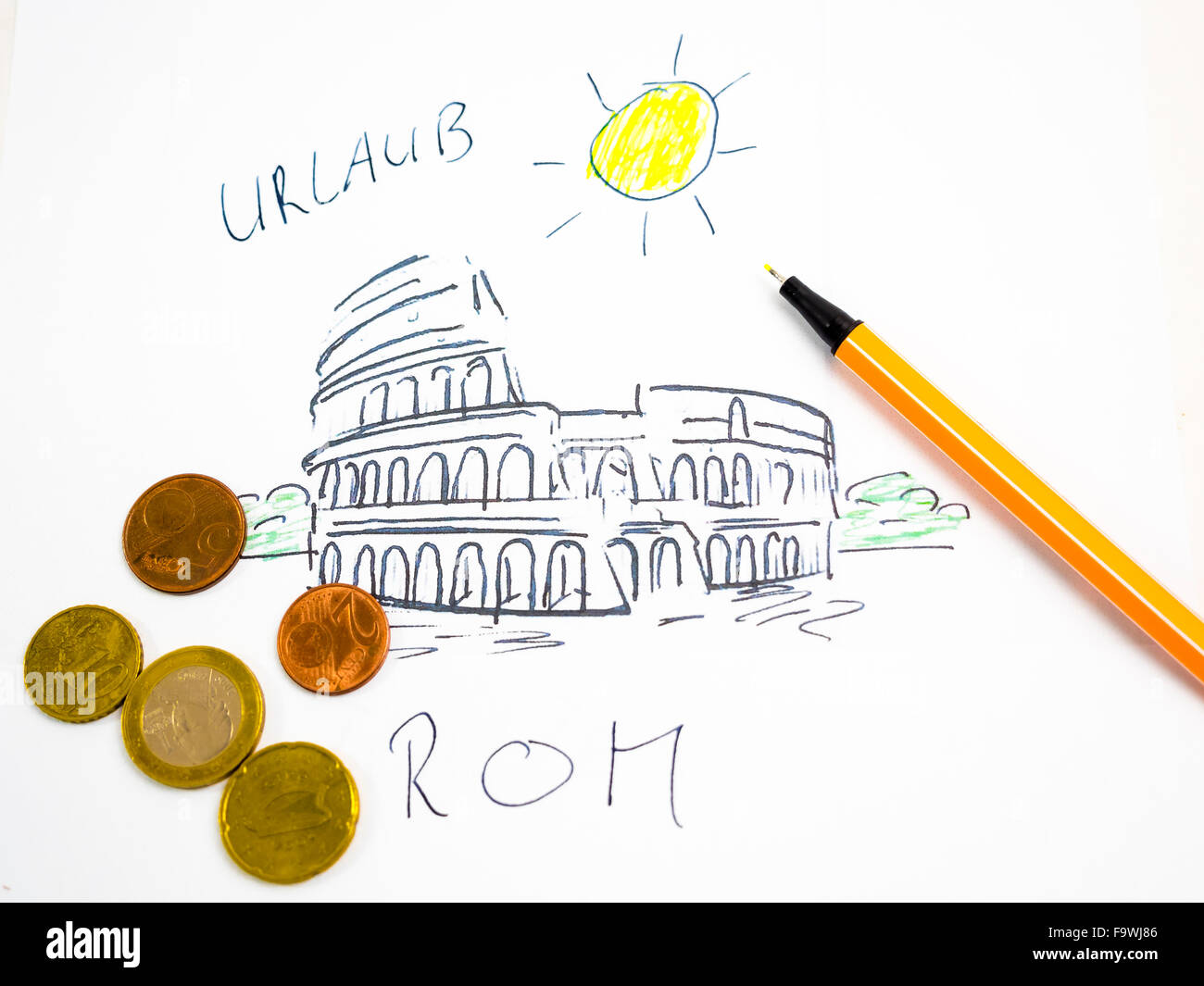 Colosseum in Rome, drawn, symbolical picture with coins Stock Photo - Alamy