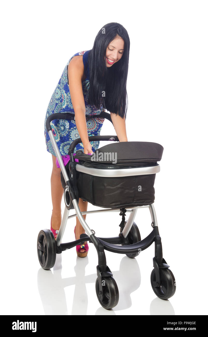 Happy mom with her baby in pram Stock Photo - Alamy