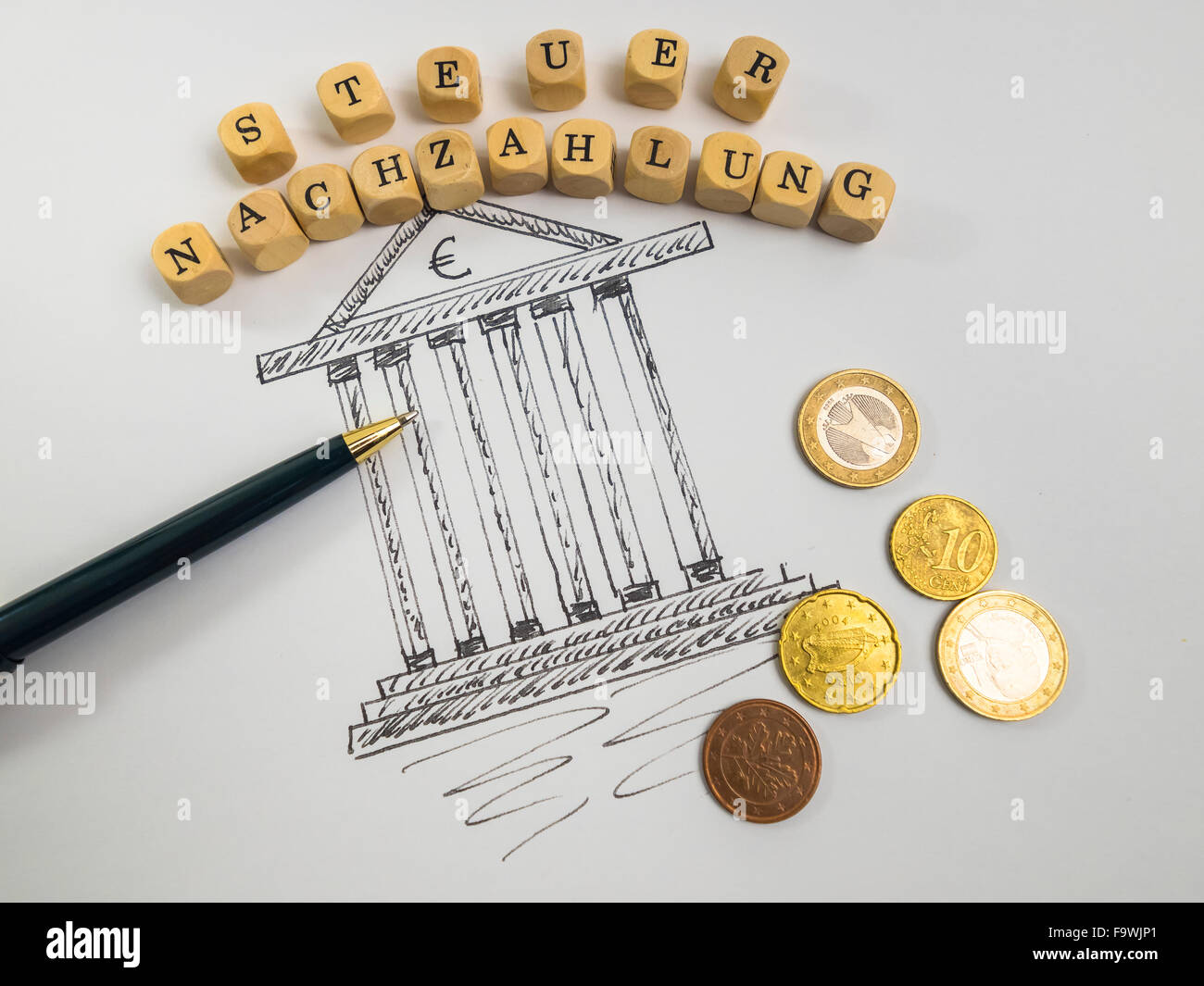 Drawing of a tax office, ballpen, alphabet cubes and coins Stock Photo ...