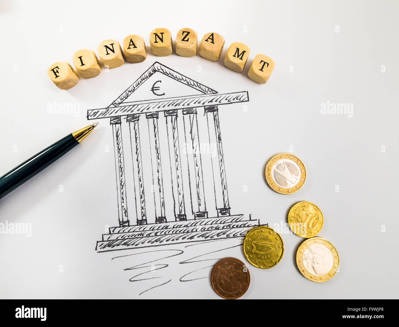 Drawing of a tax office, ballpen, alphabet cubes and coins Stock Photo ...