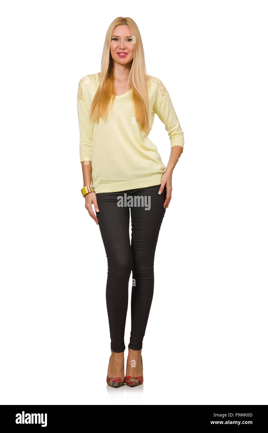 Joyful white woman in yellow Cut Out Stock Images & Pictures - Alamy