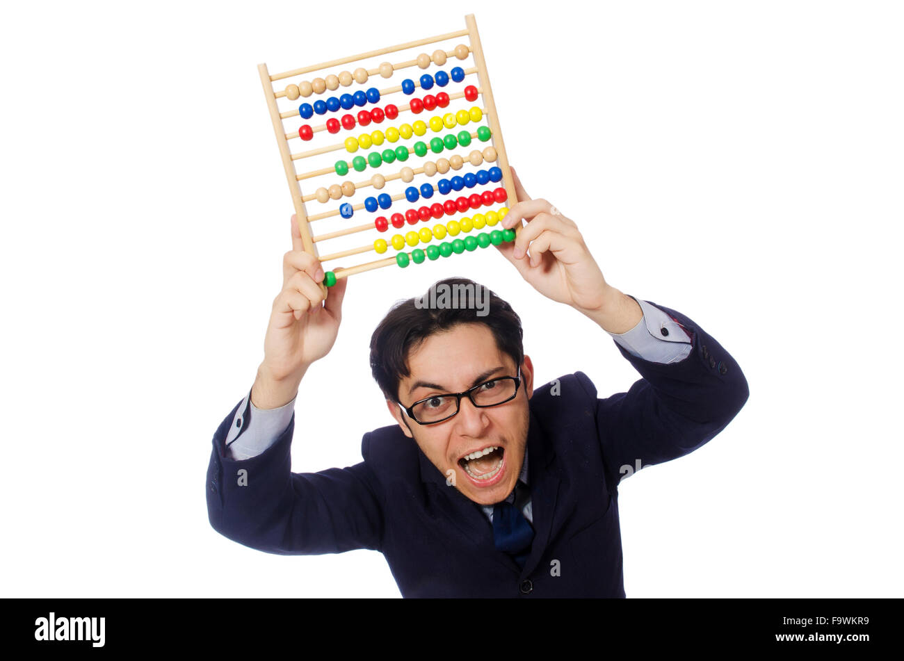 Angry accountant with abacus isolated on white Stock Photo - Alamy