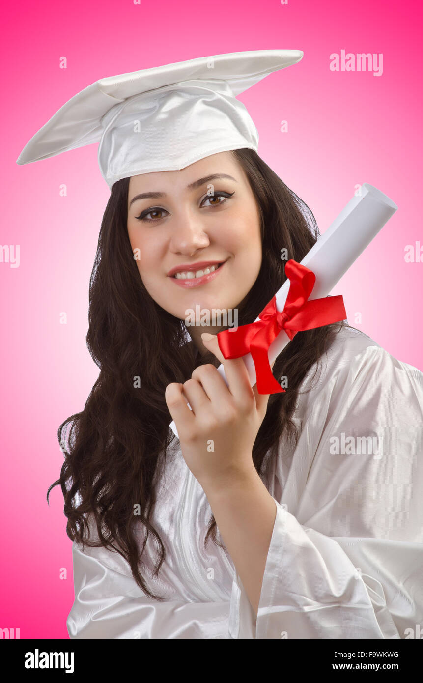 Happy graduate on white background Stock Photo - Alamy