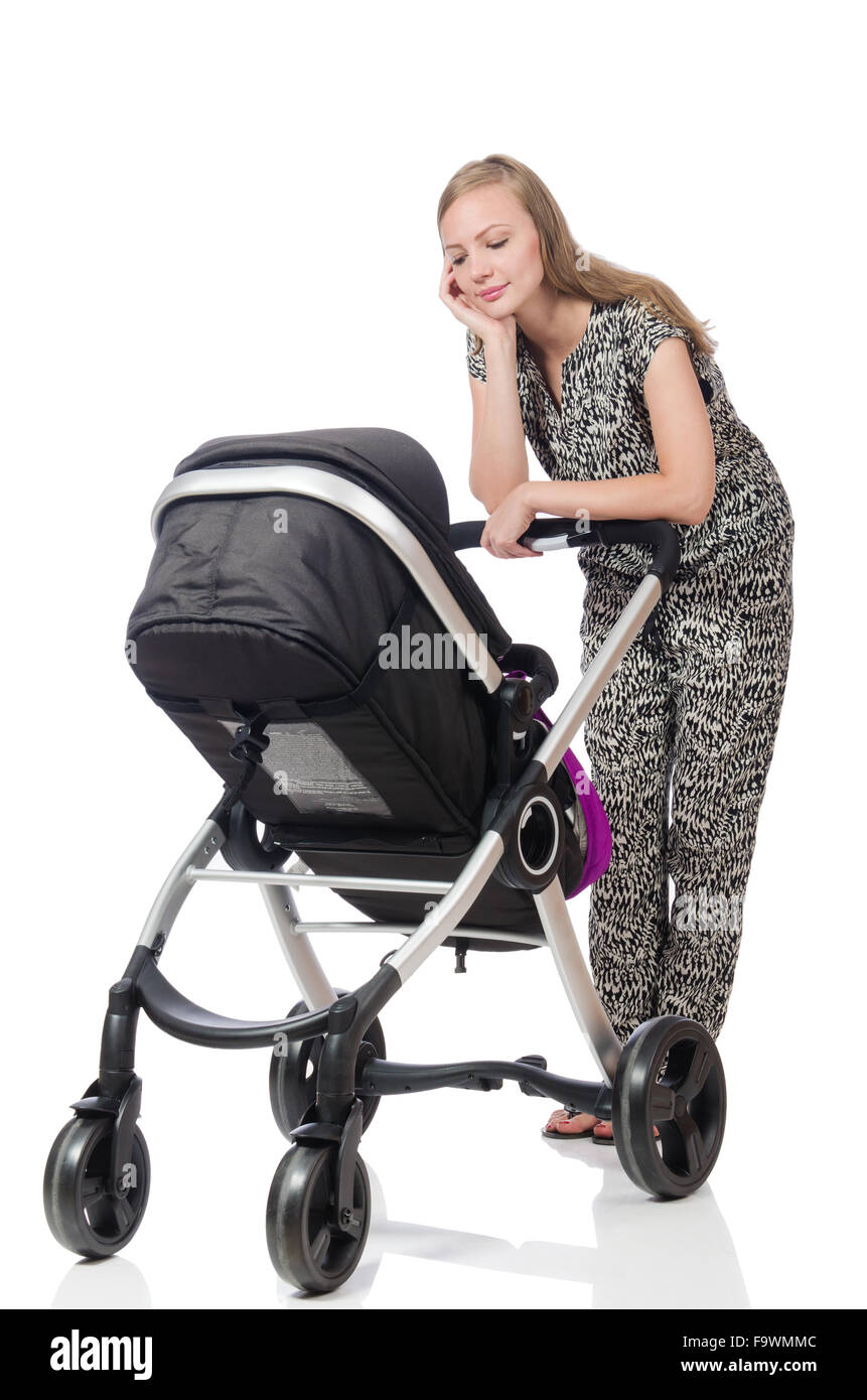 Happy mom with her baby in pram Stock Photo - Alamy
