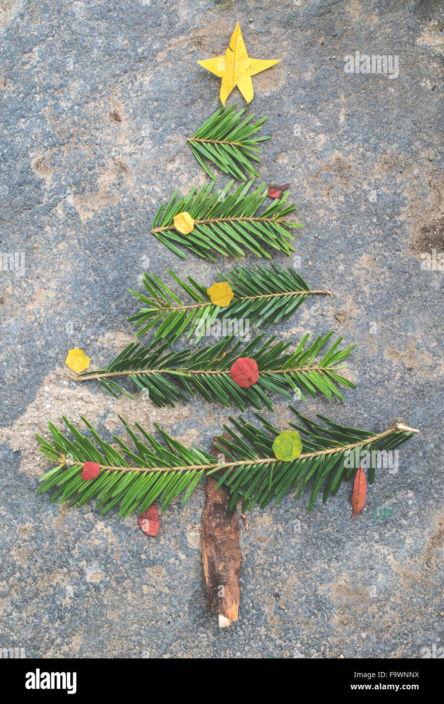 Pieces of fir branch, leaves and bark building shape of a Christmas ...
