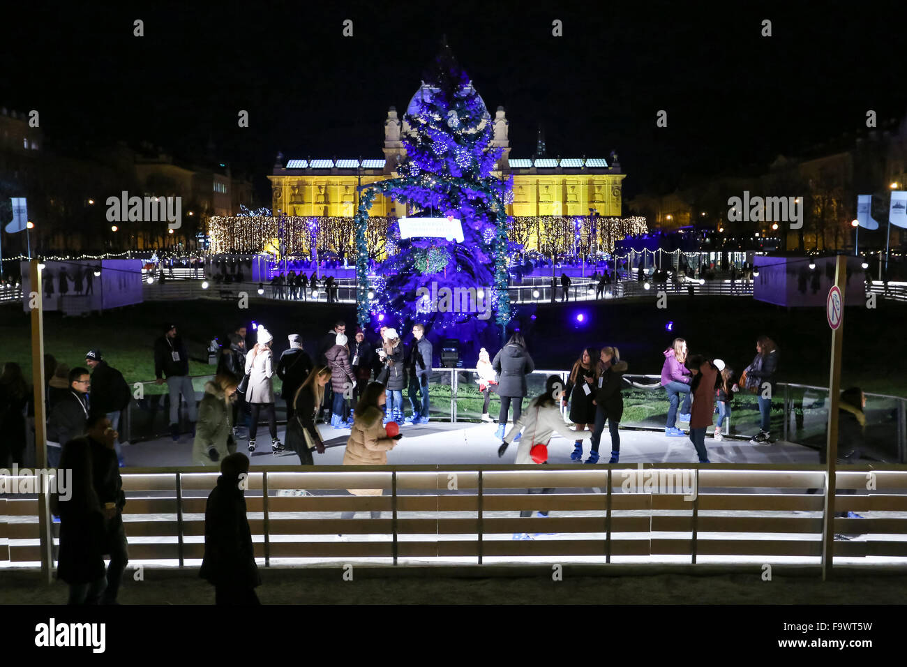 People skating on city skating rink at Advent time in King Tomislav ...