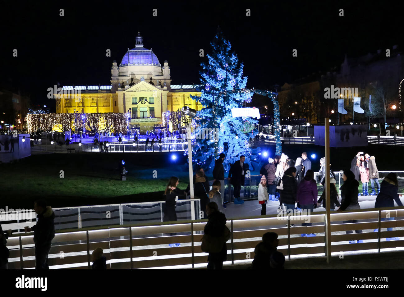 People skating on city skating rink at Advent time in King Tomislav ...
