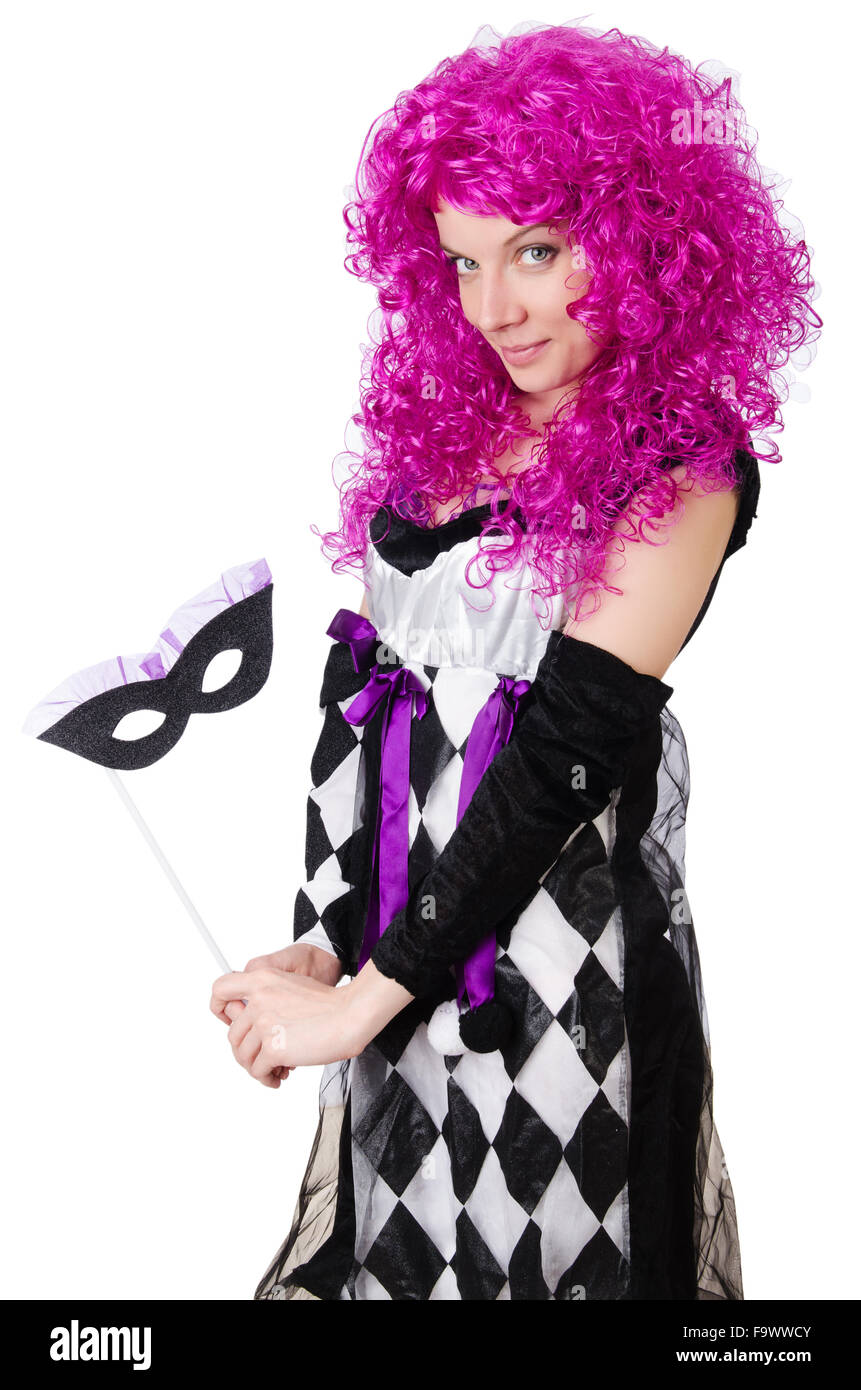Pretty girl in jester costume isolated on white Stock Photo - Alamy