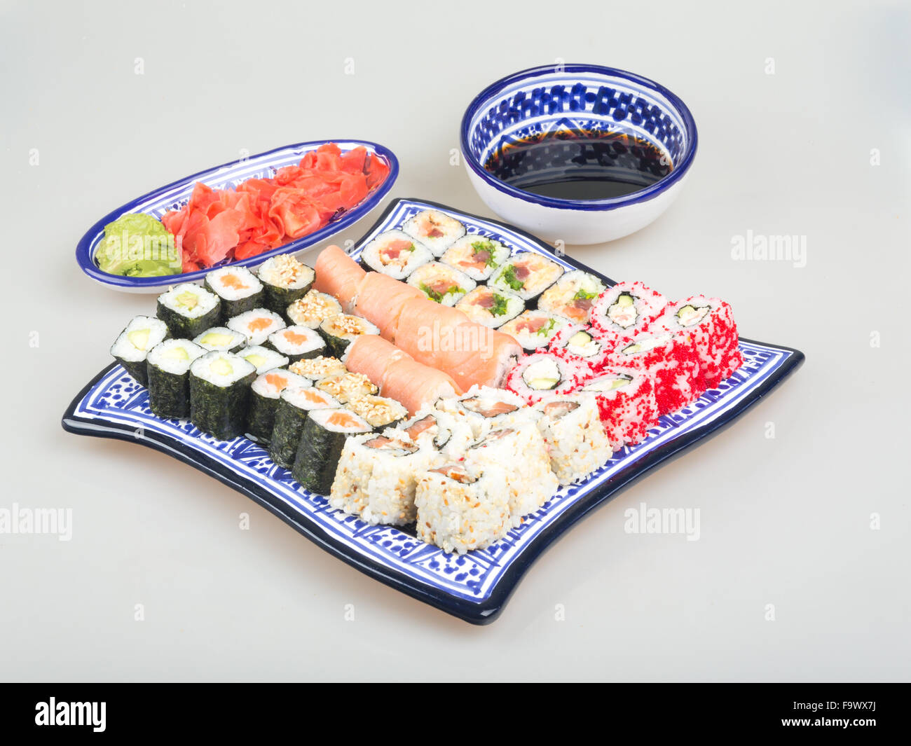 Sushi Set - Different Types of Maki Sushi and Nigiri Sushi Stock Photo ...