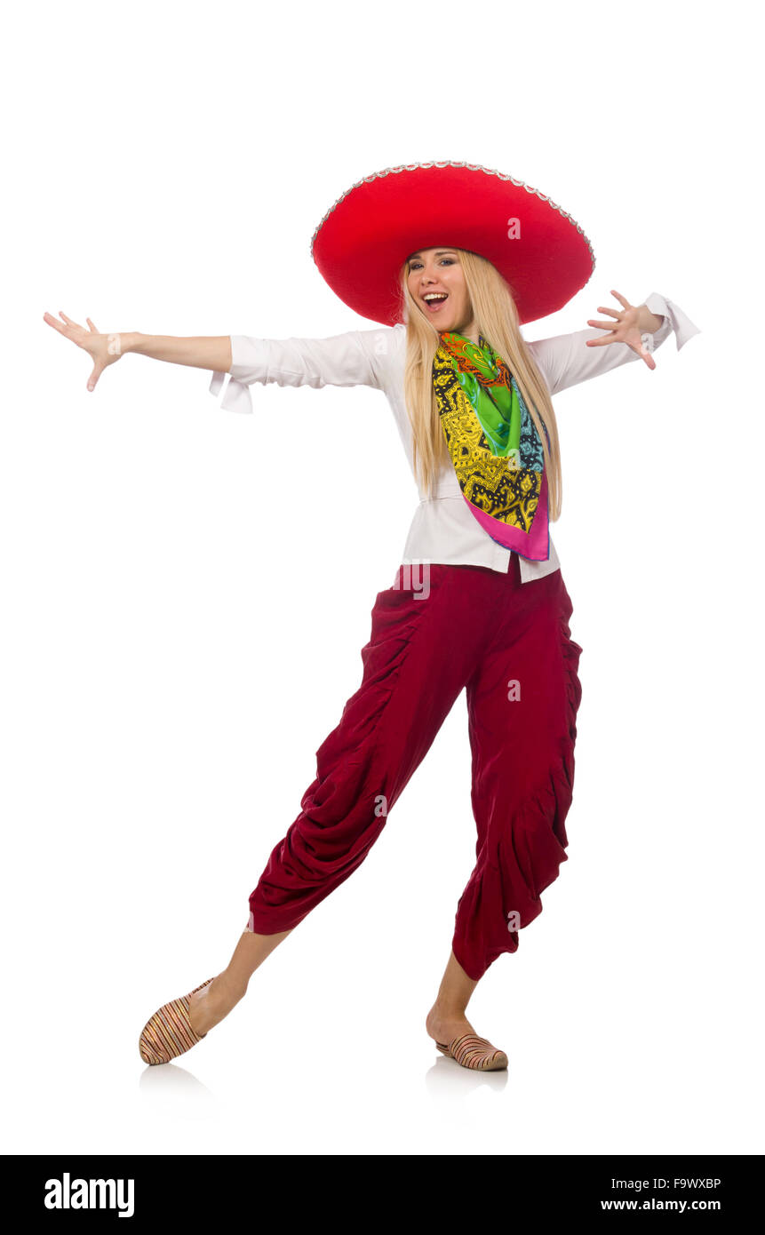 Mexican girl with sombrero dancing on white Stock Photo - Alamy