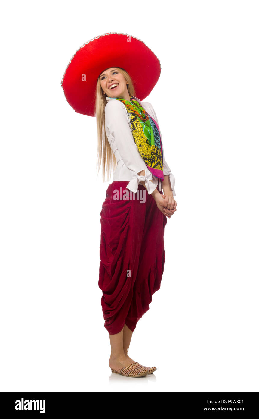Mexican girl with sombrero dancing on white Stock Photo - Alamy