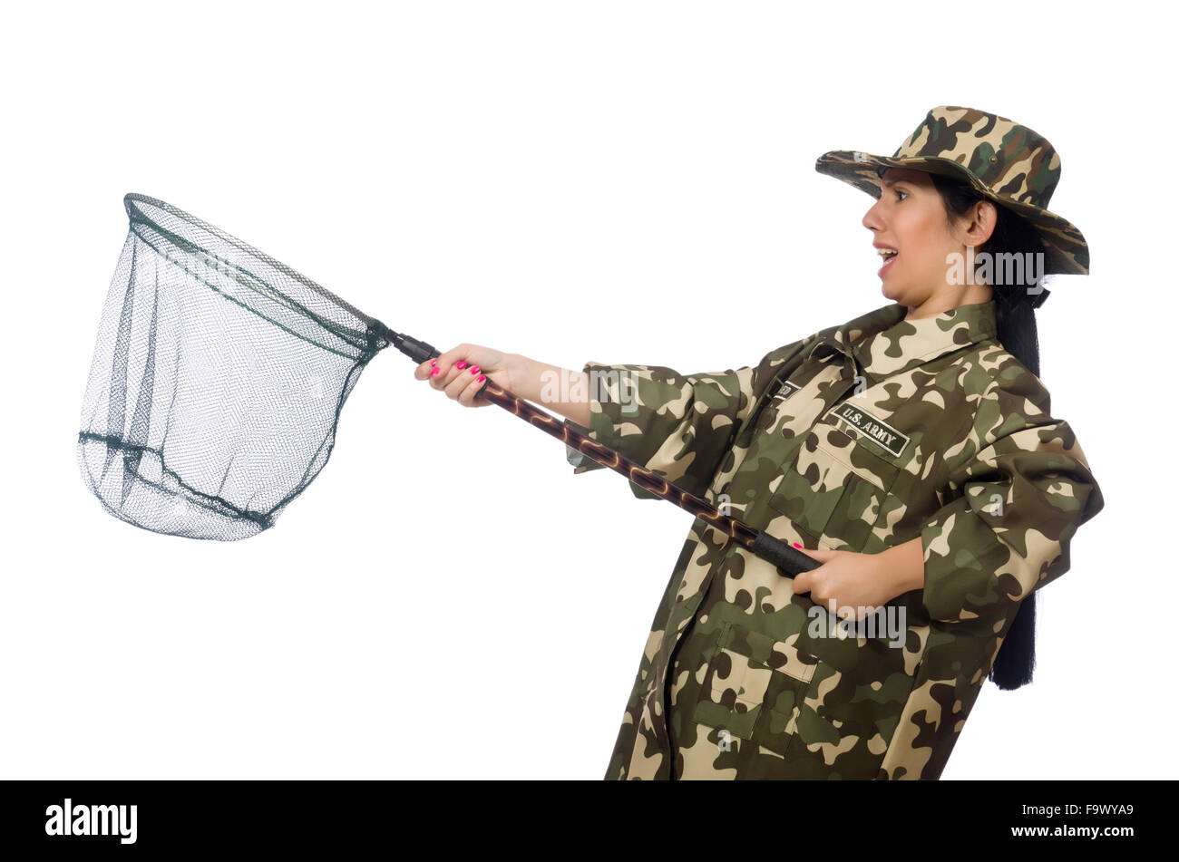 Woman in military clothing with catching net Stock Photo - Alamy