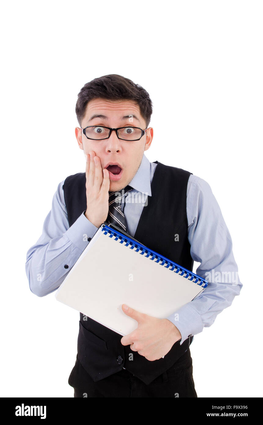 Young employee with paper isolated on white Stock Photo - Alamy
