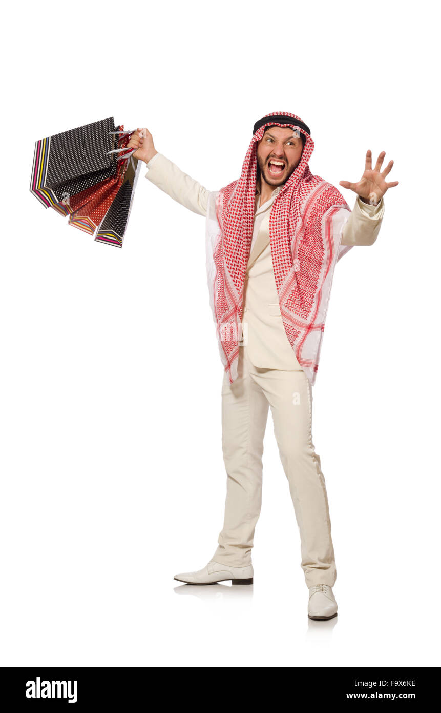 Arab man with shopping bags on white Stock Photo - Alamy