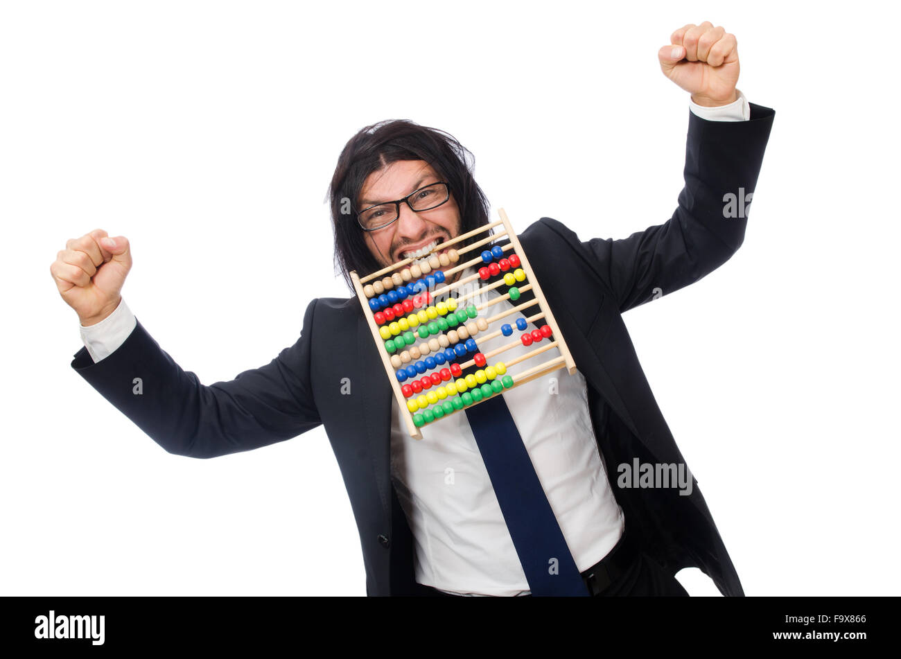 Funny man with calculator and abacus Stock Photo - Alamy