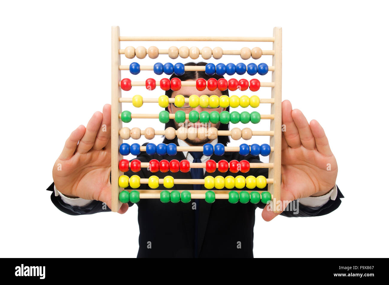 Funny man with calculator and abacus Stock Photo - Alamy