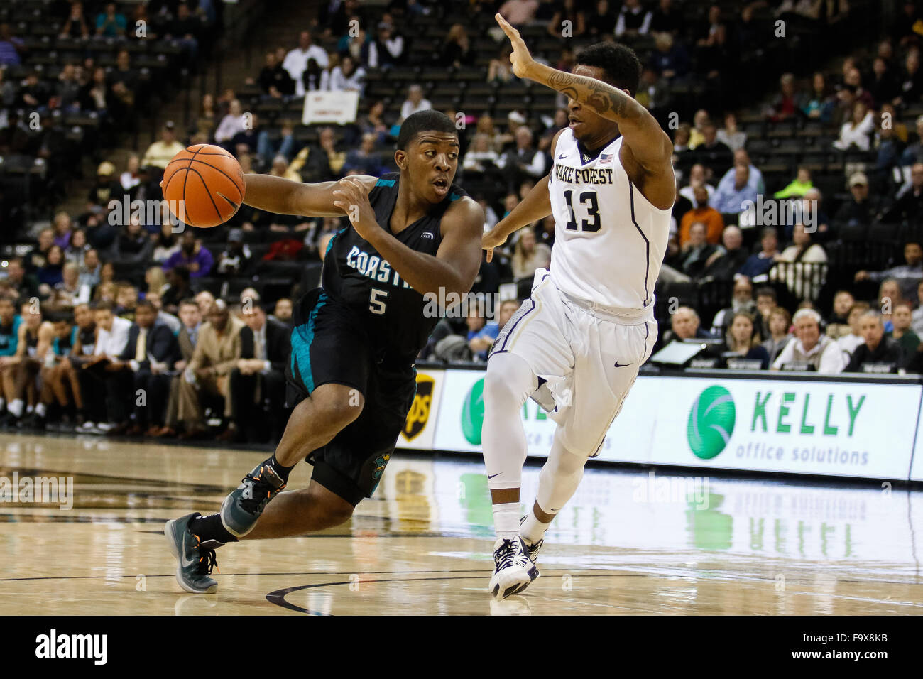 Winston-Salem, NC, USA. 18th Dec, 2015. Jaylen Shaw (5) of the Coastal ...