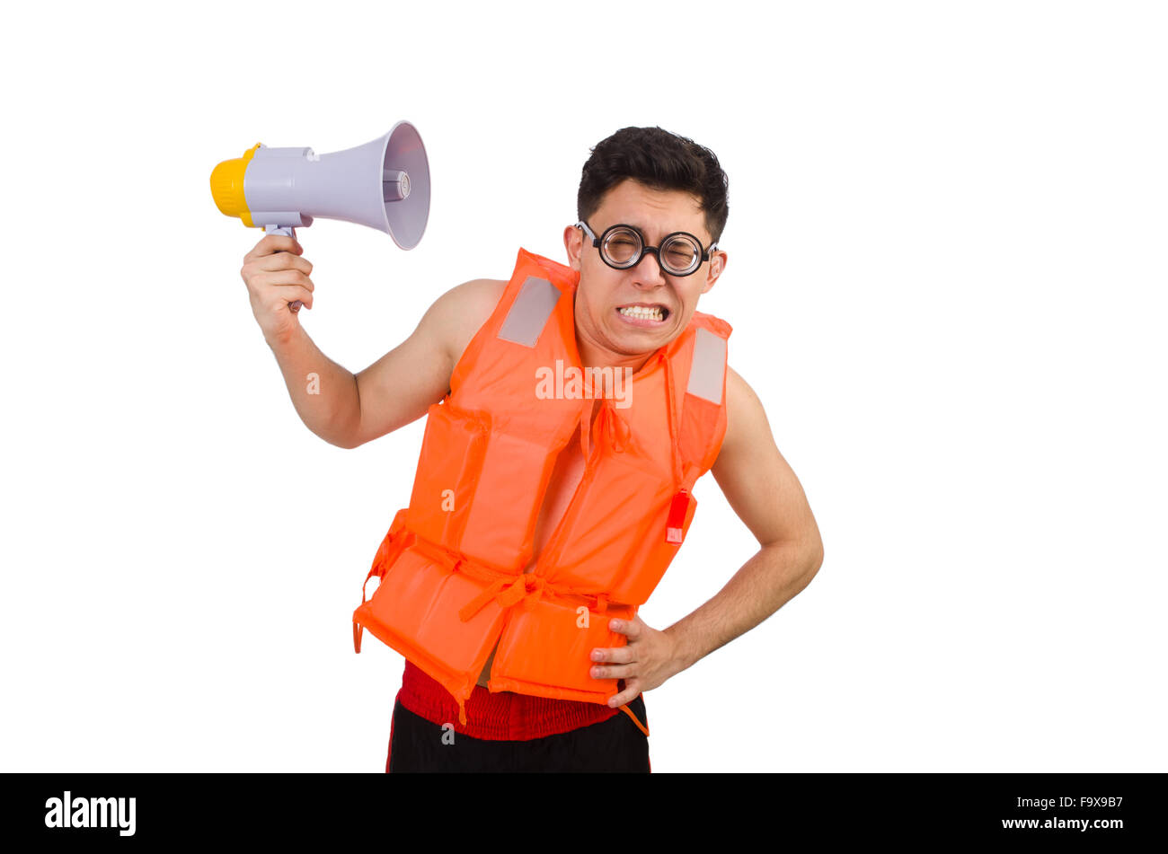Funny man wearing vest with loudspeaker Stock Photo - Alamy