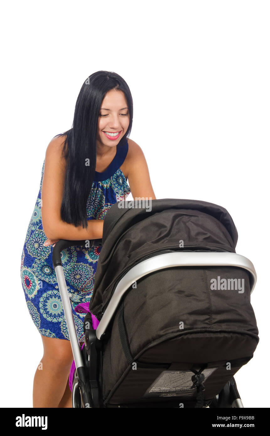 Happy mom with her baby in pram Stock Photo - Alamy