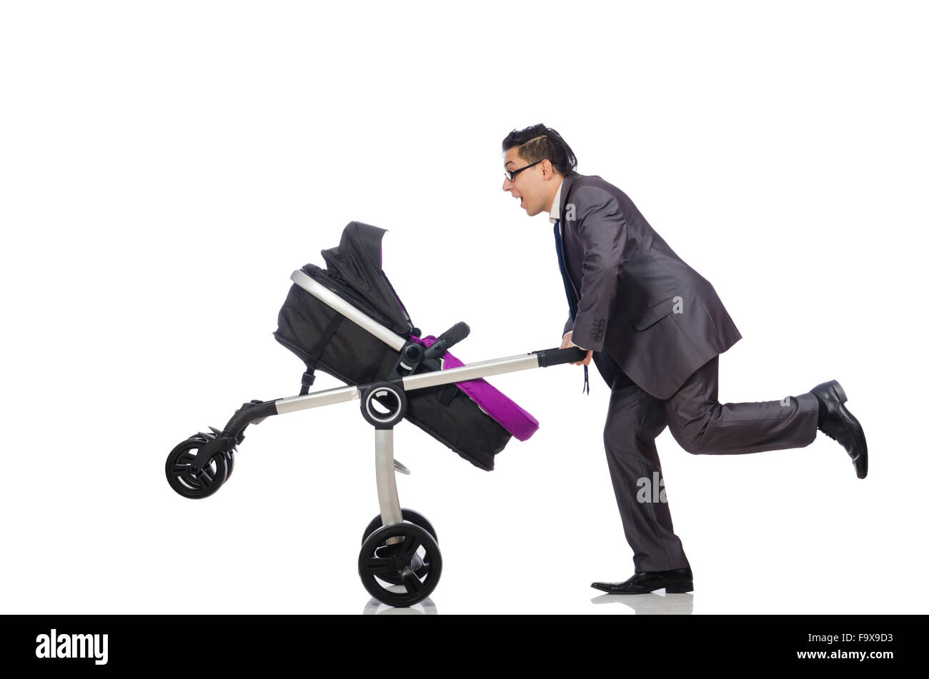 Funny dad with baby and pram on white Stock Photo - Alamy