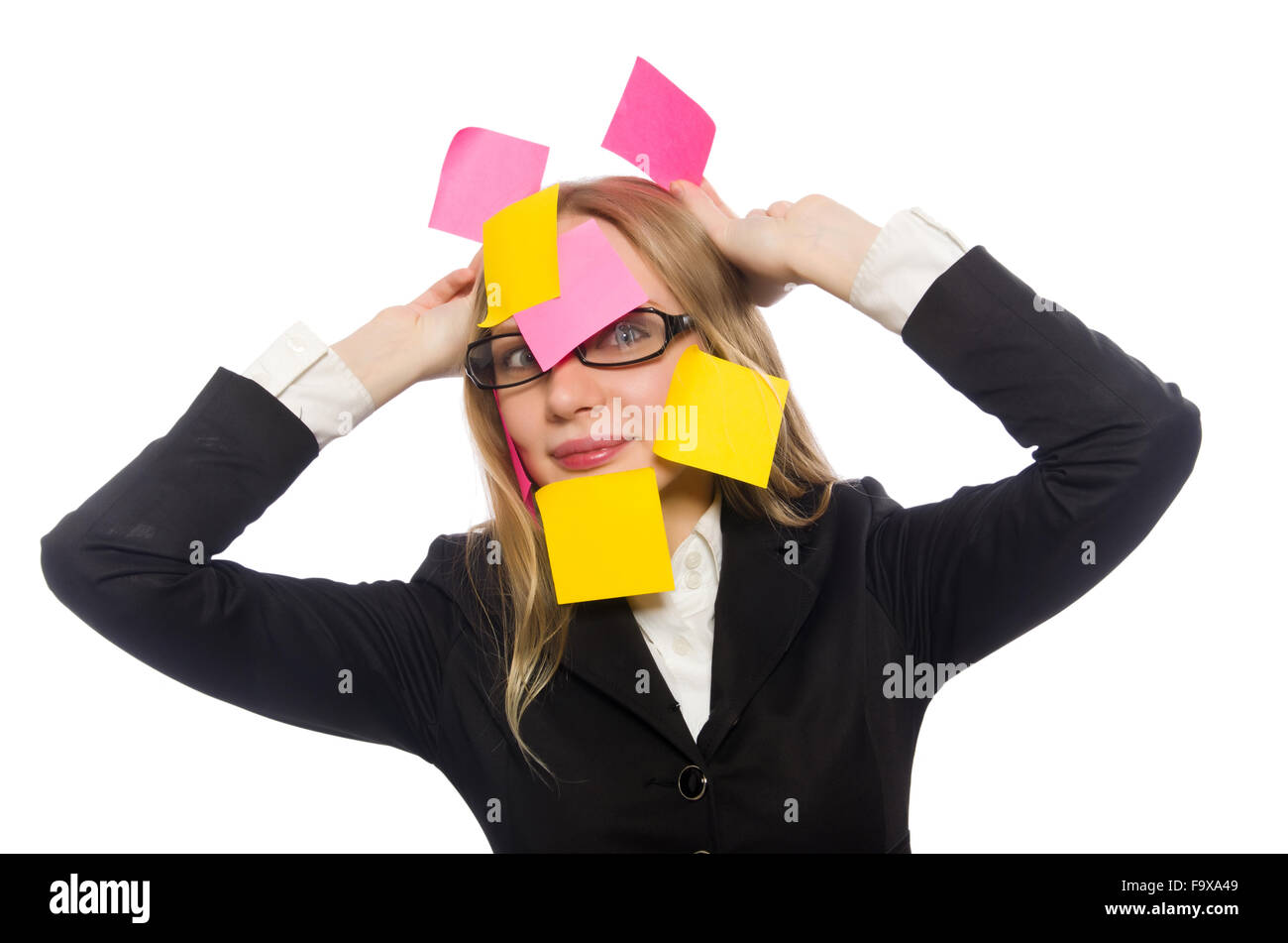 Woman with reminders isolated on white Stock Photo - Alamy