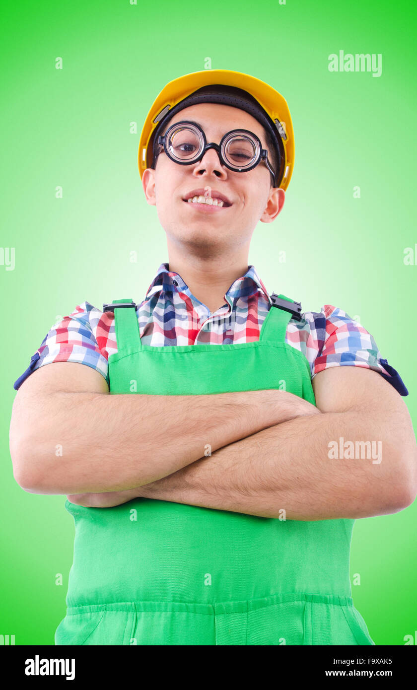 Funny construction worker isolated on white Stock Photo - Alamy