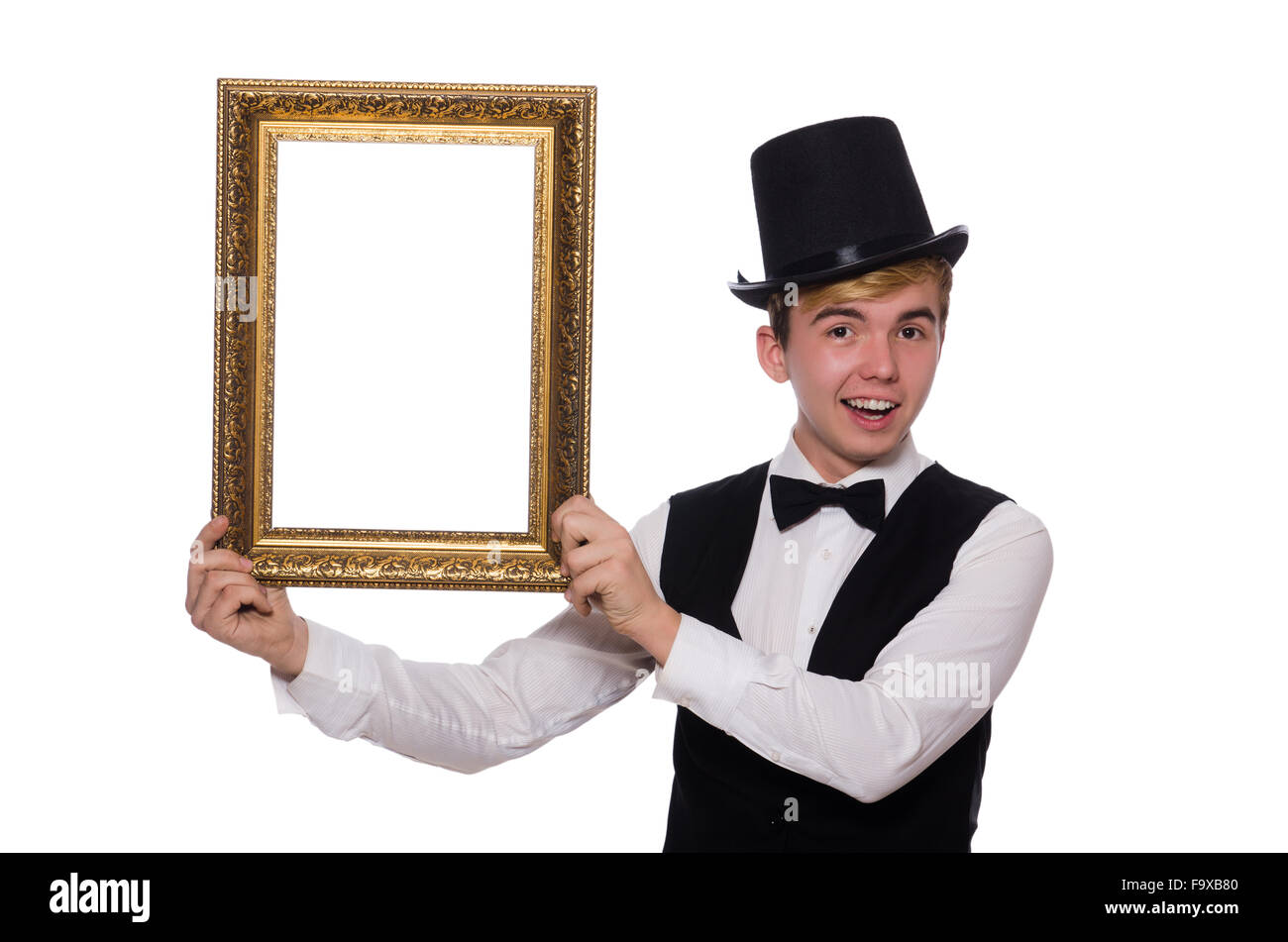 Guy with photo frame isolated on white Stock Photo - Alamy
