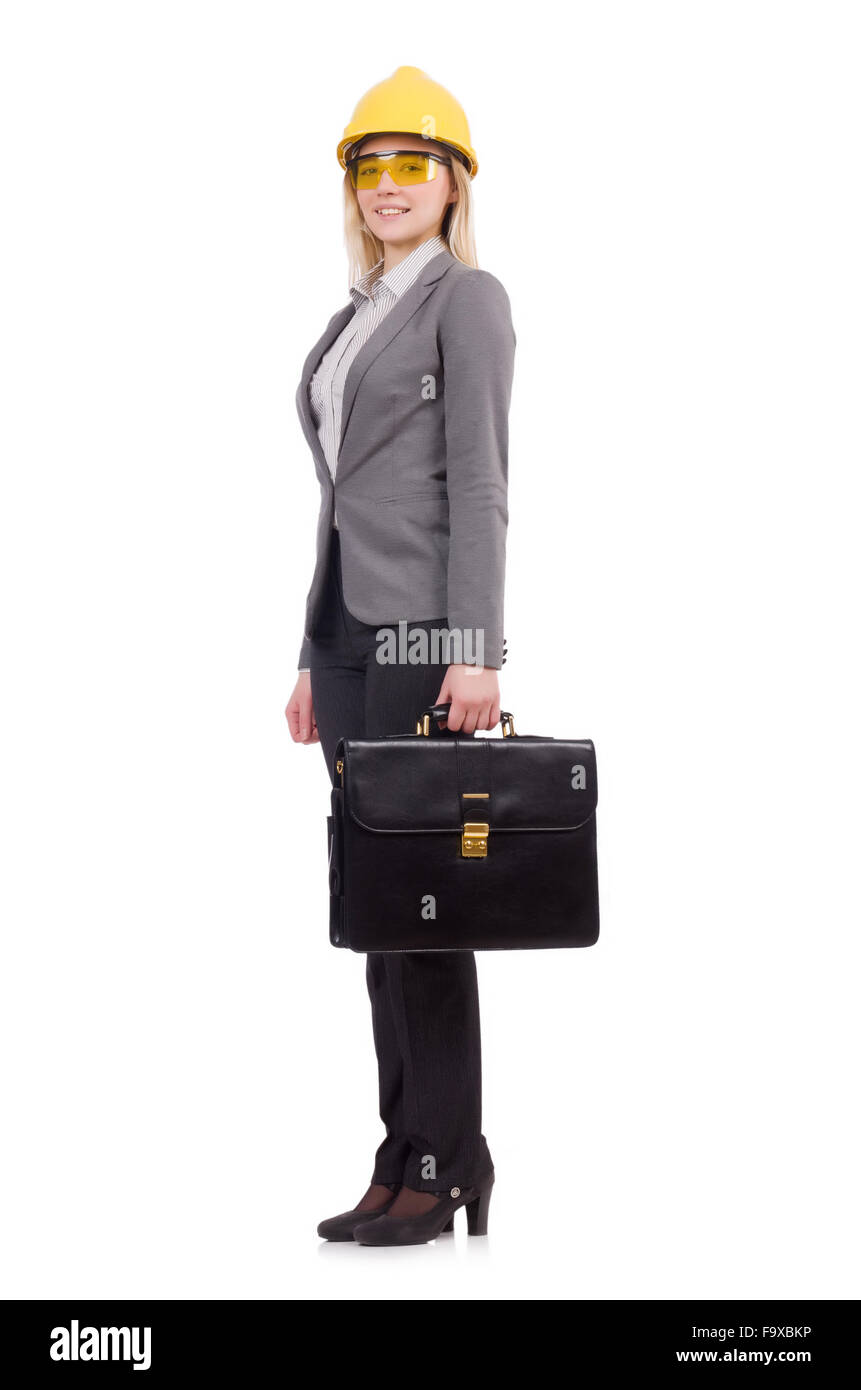 Female engineer in helmet and briefcase isolated on white Stock Photo ...