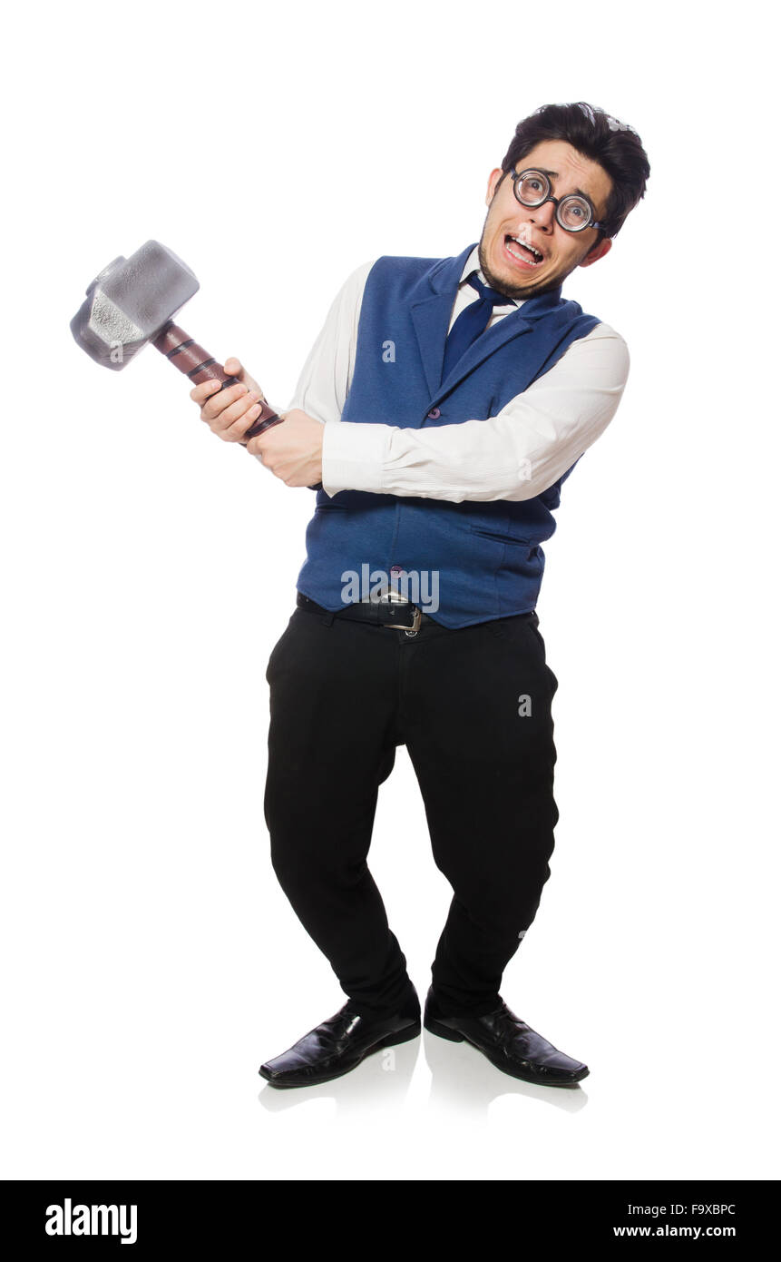 Young man holding hammer isolated on white Stock Photo - Alamy