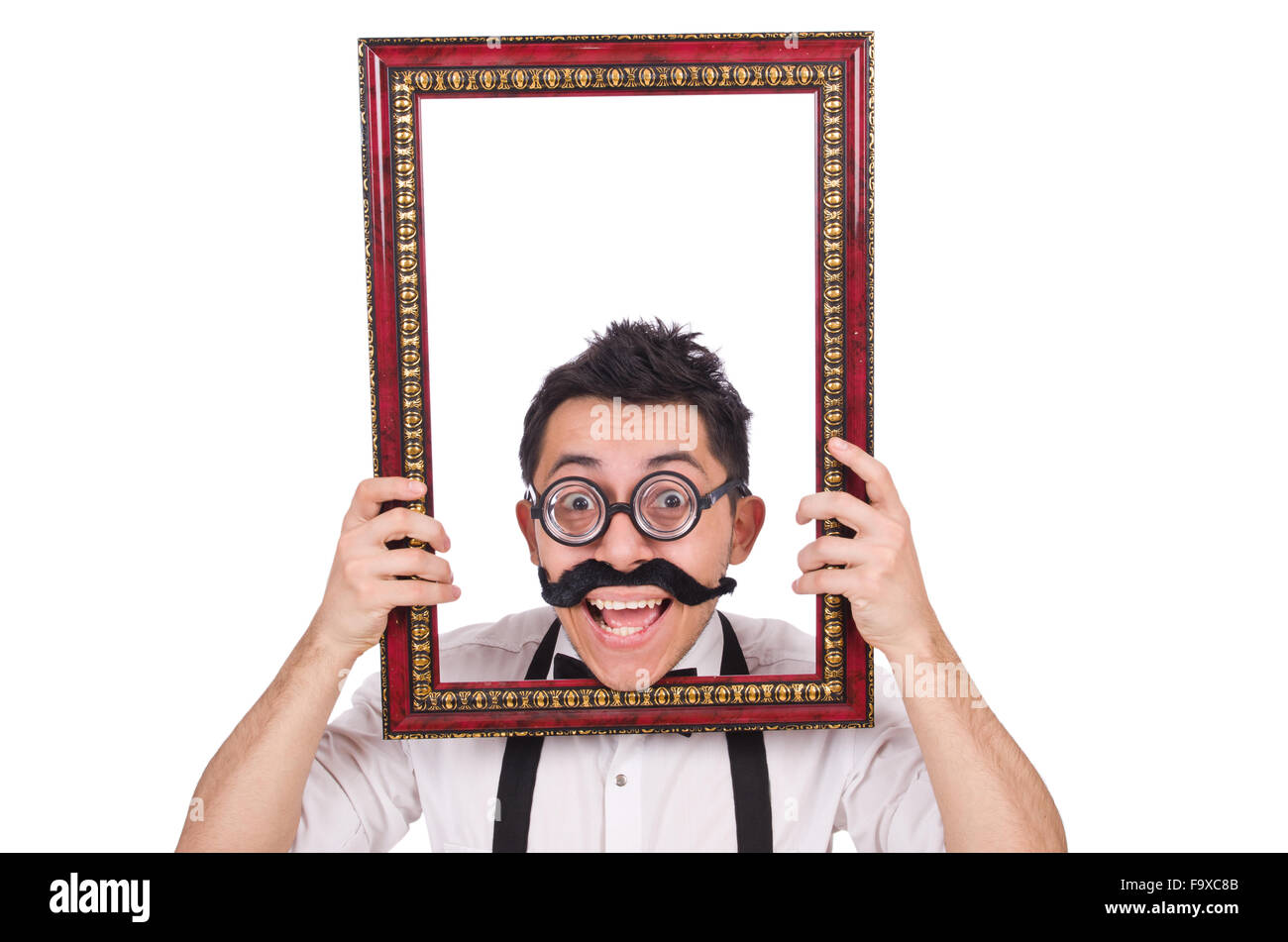 Young man with frame isolated on white Stock Photo - Alamy