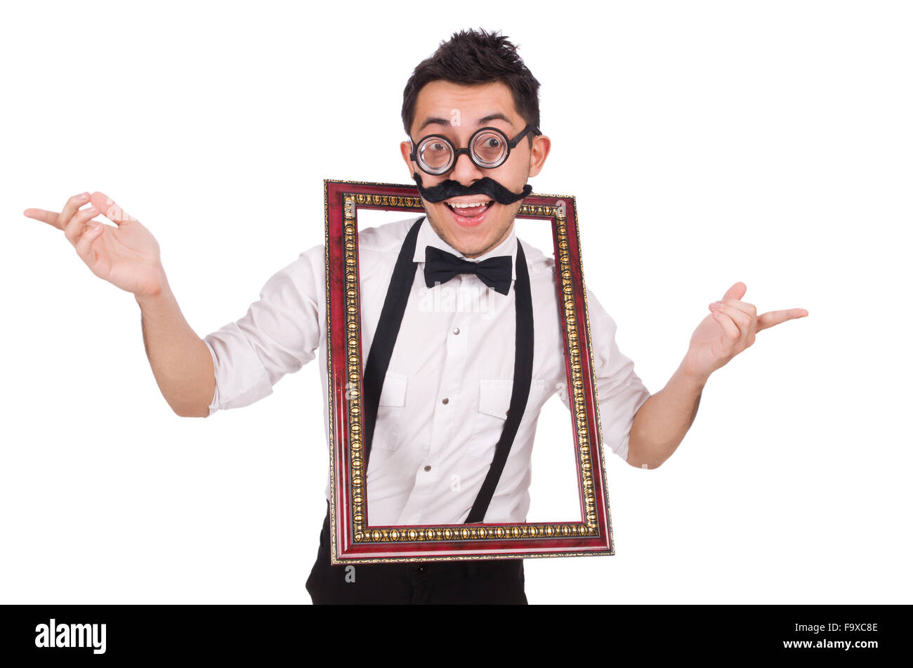 Young man with frame isolated on white Stock Photo - Alamy