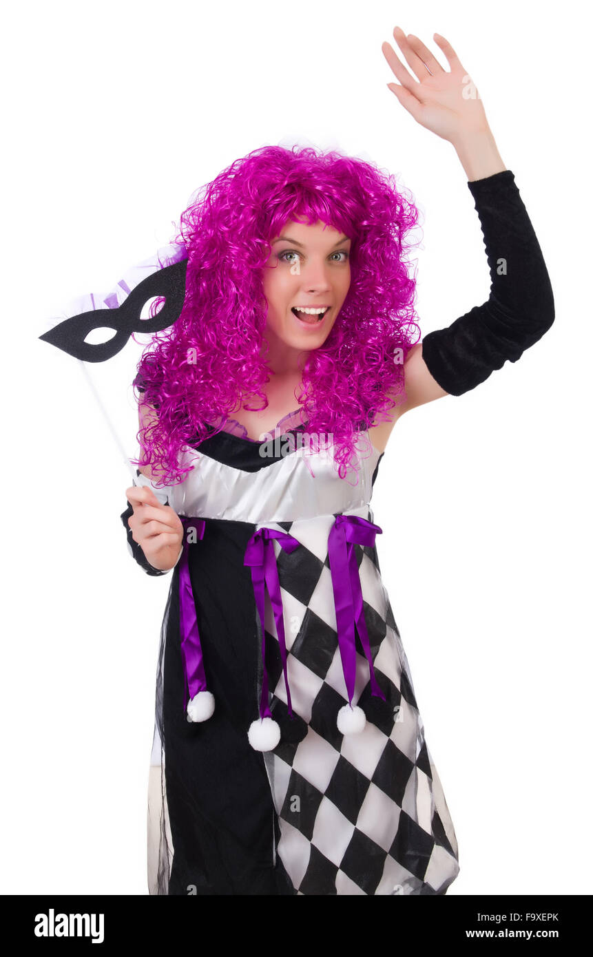 Pretty girl in jester costume isolated on white Stock Photo - Alamy