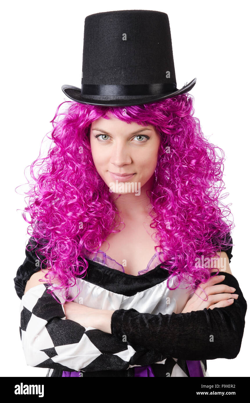Pretty girl in jester costume isolated on white Stock Photo - Alamy