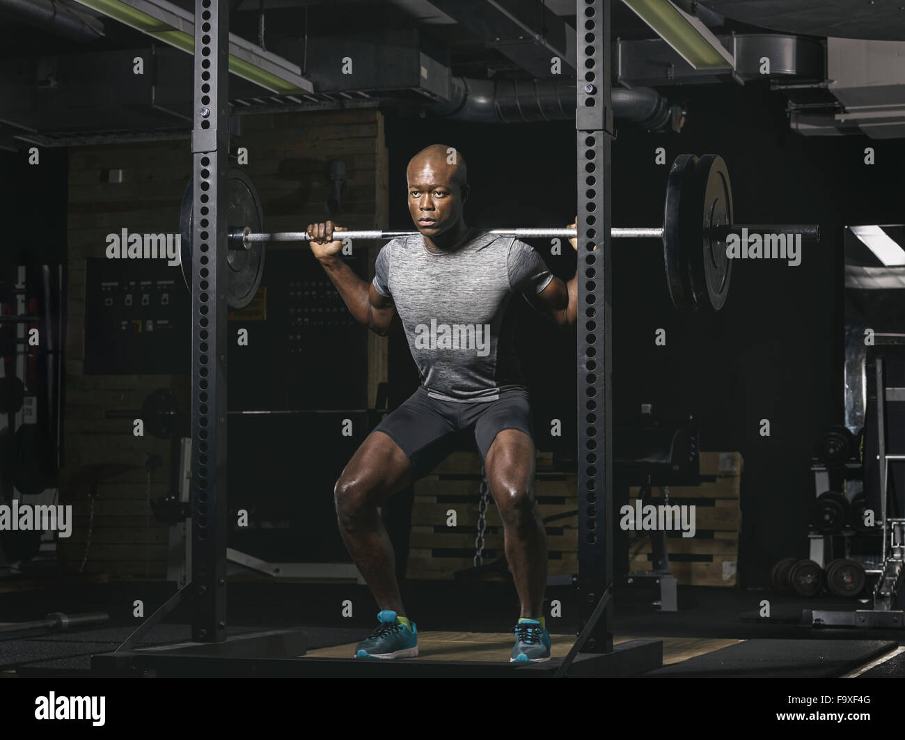 Physical athlete doing knee bends with barbell in gym Stock Photo - Alamy
