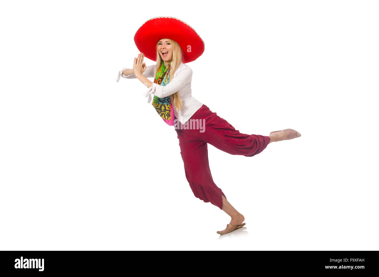 Mexican girl with sombrero dancing on white Stock Photo - Alamy