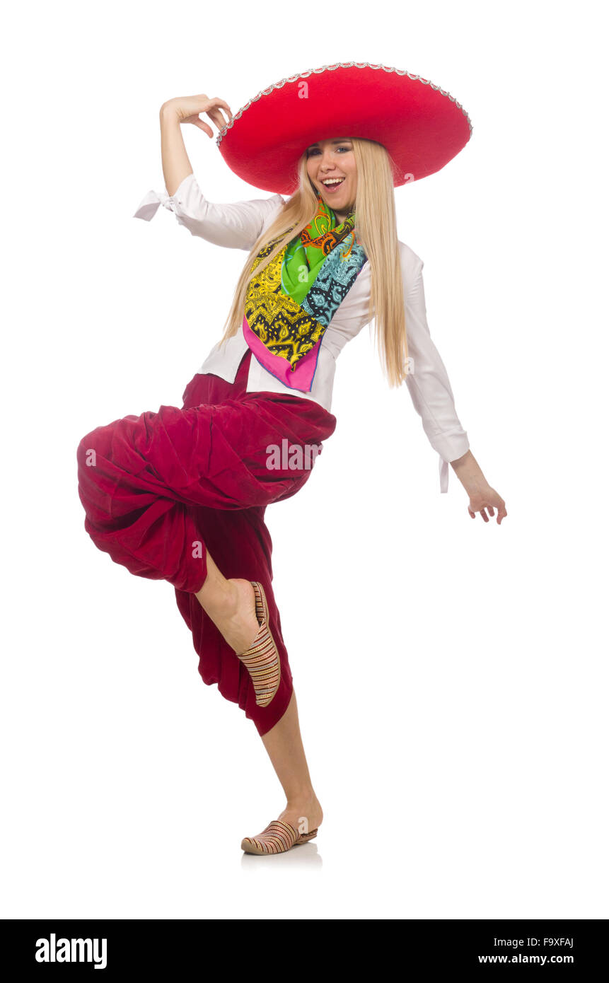 Mexican girl with sombrero dancing on white Stock Photo - Alamy