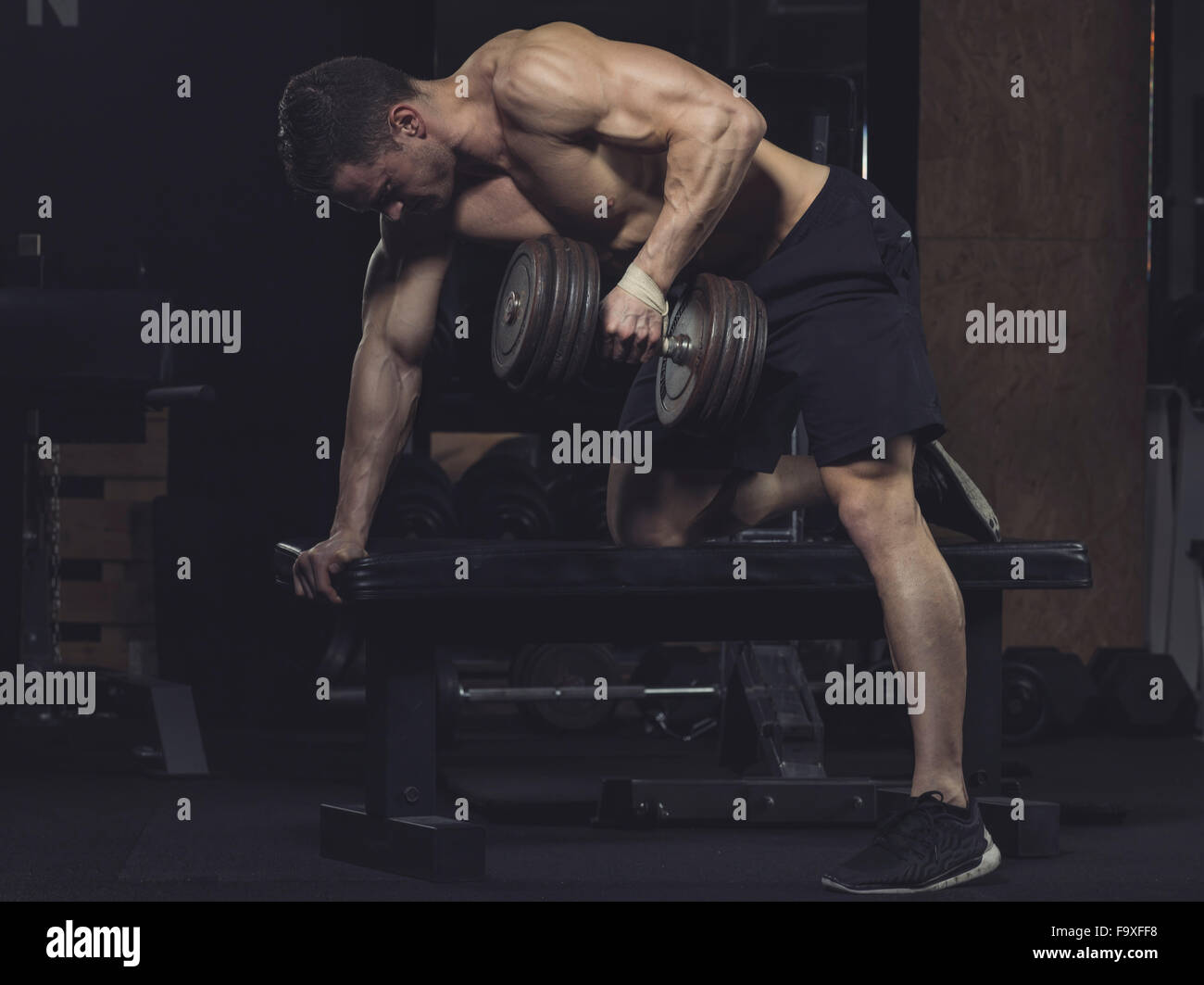 Athlete with dumbbells, training of back muscles Stock Photo - Alamy