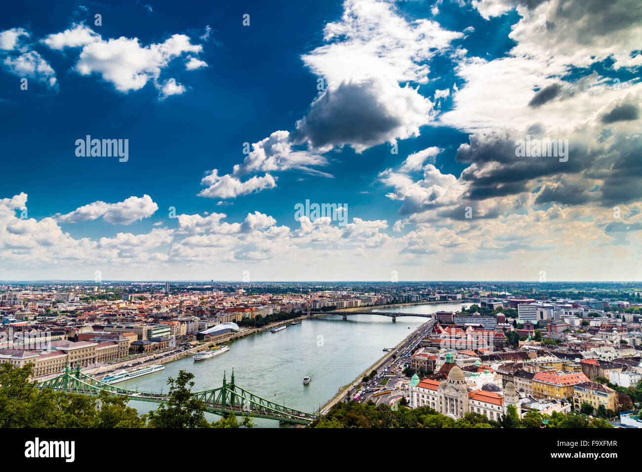 Panorama of the Danube river running through the ancient buildings of ...