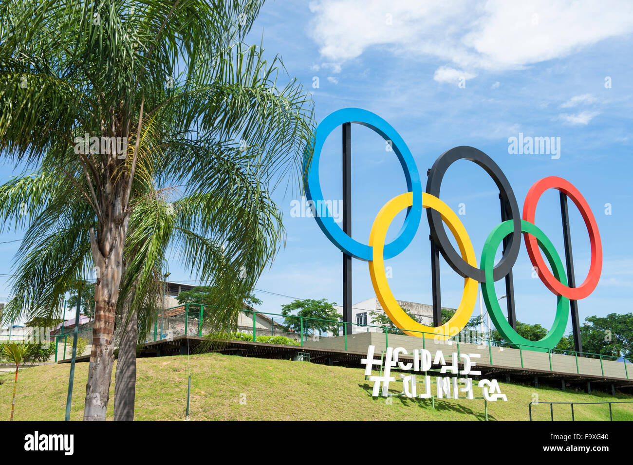 RIO DE JANEIRO, BRAZIL - OCTOBER 31, 2015: Olympic rings stand next to ...