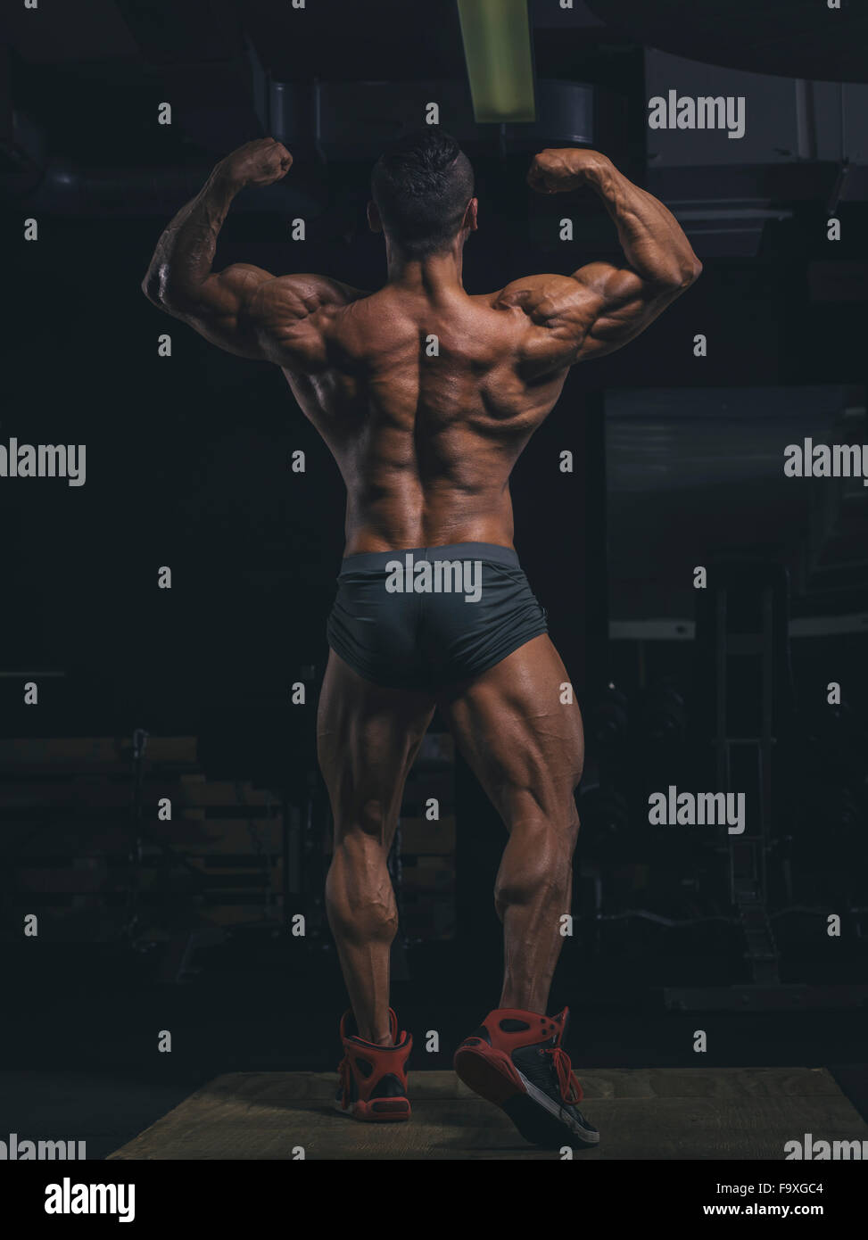 Bodybuilder pperfroming a back double biceps pose in gym Stock Photo ...