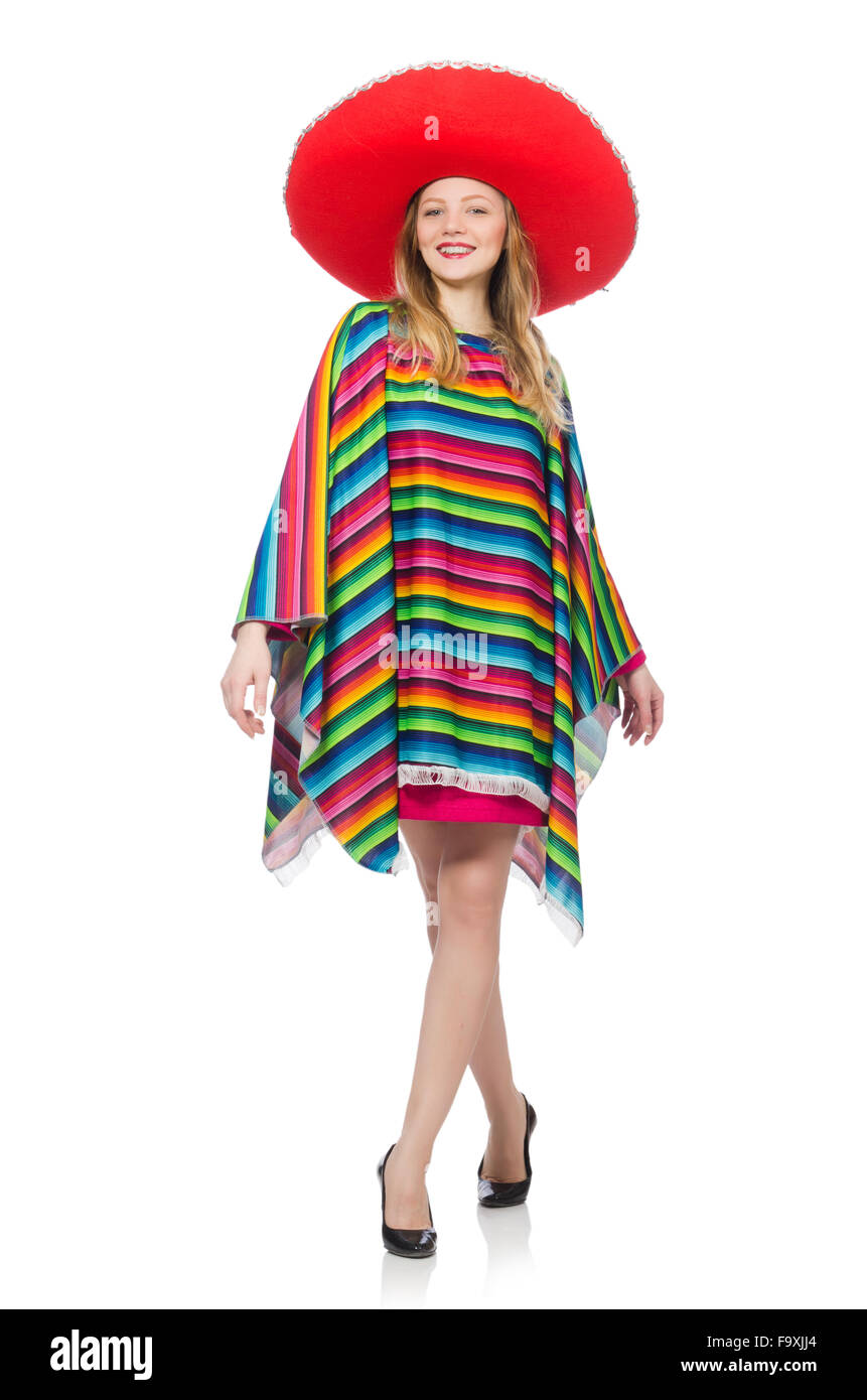 Pretty girl in mexican poncho isolated on white Stock Photo - Alamy