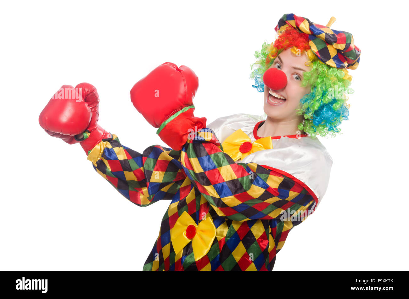Clown with boxing gloves isolated on white Stock Photo - Alamy