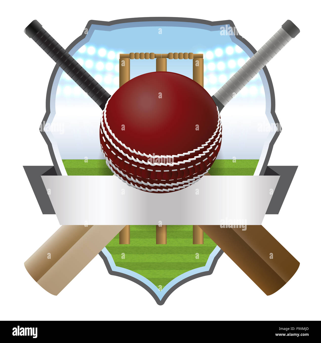 Cricket bats and ball in front of a wicket and athletic badge Stock ...